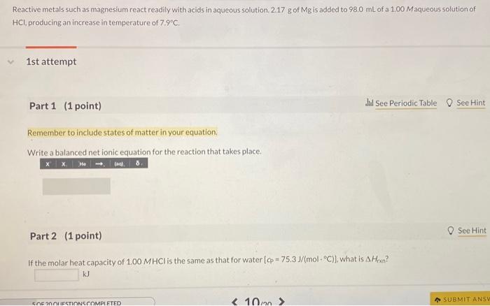 Solved Reactive metals such as magnesium react readily with | Chegg.com