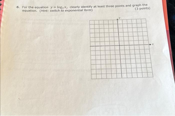 Solved 6. For the equation y=log3x, clearly identify at | Chegg.com