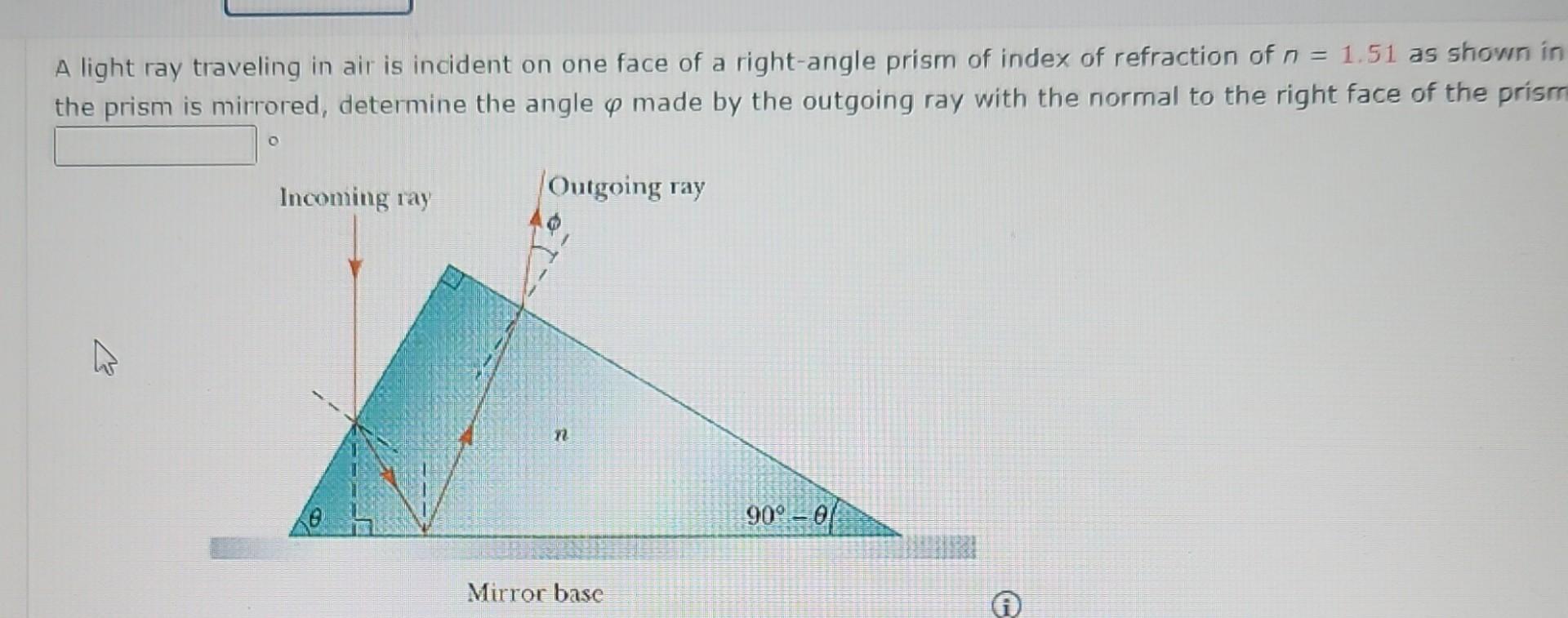 Solved A light ray traveling in air is incident on one face | Chegg.com