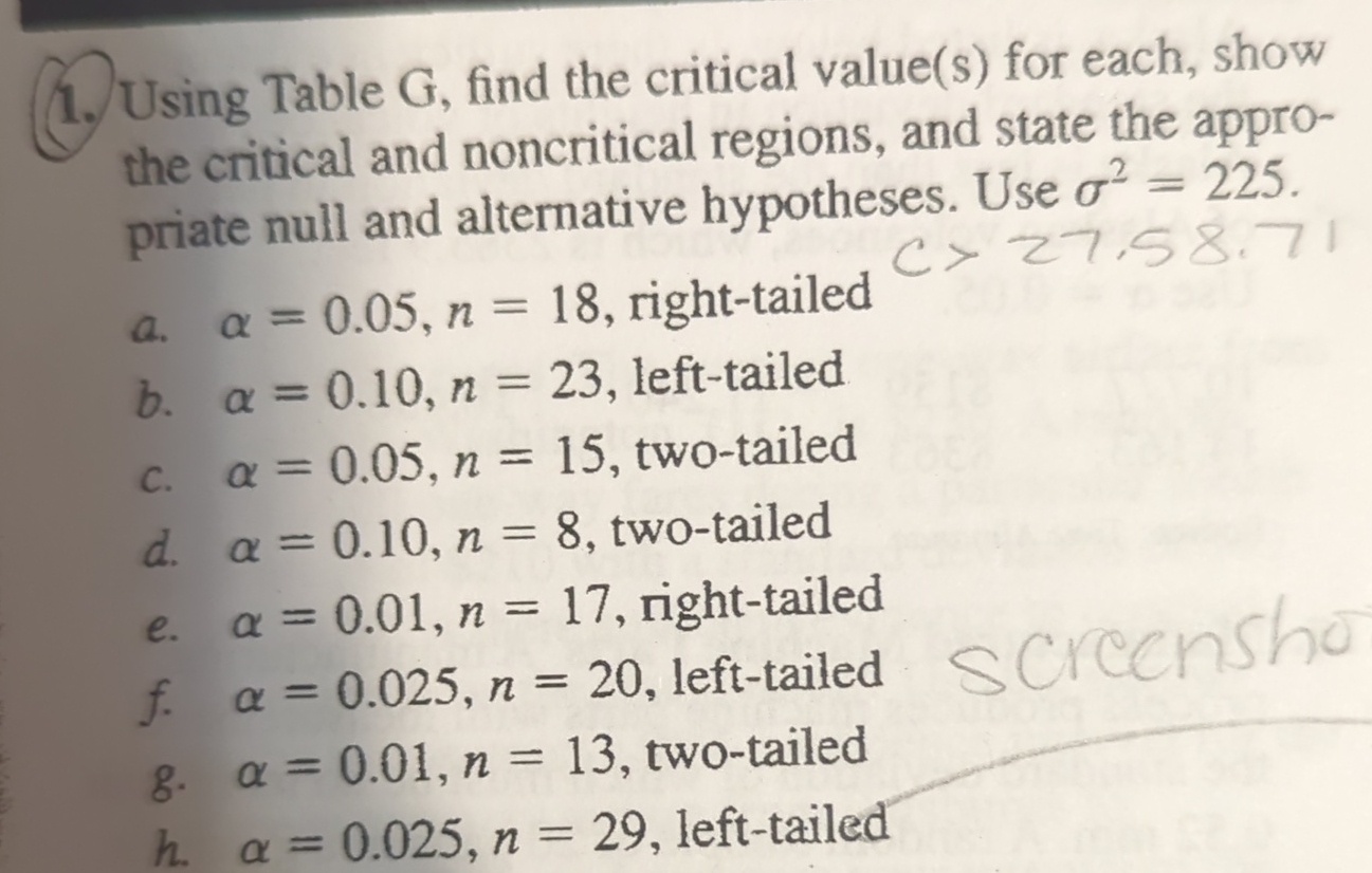 Solved (1.) ﻿Using Table G, ﻿find the critical value(s) ﻿for | Chegg.com