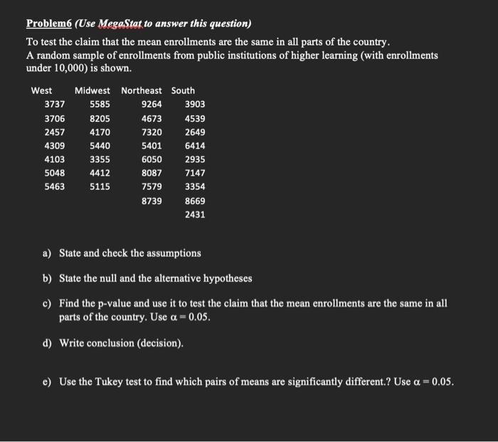 Solved Problem6 (Use MegaStat to answer this question) To | Chegg.com