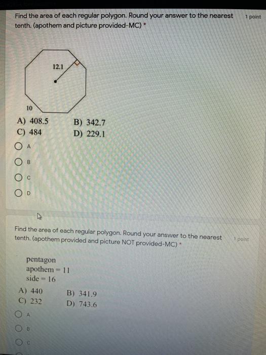 Solved 1 point Find the area of each regular polygon. Round | Chegg.com