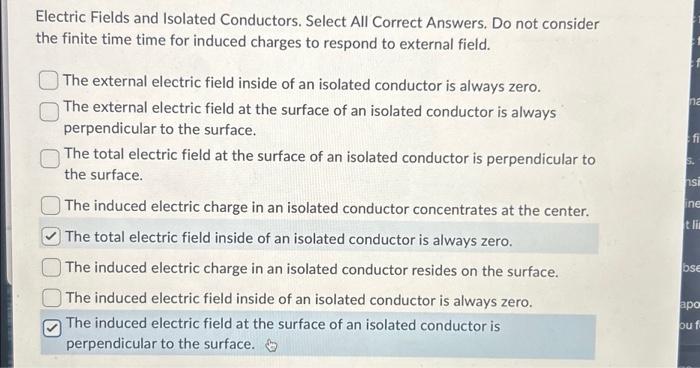 Solved Electric Fields and Isolated Conductors. Select All | Chegg.com