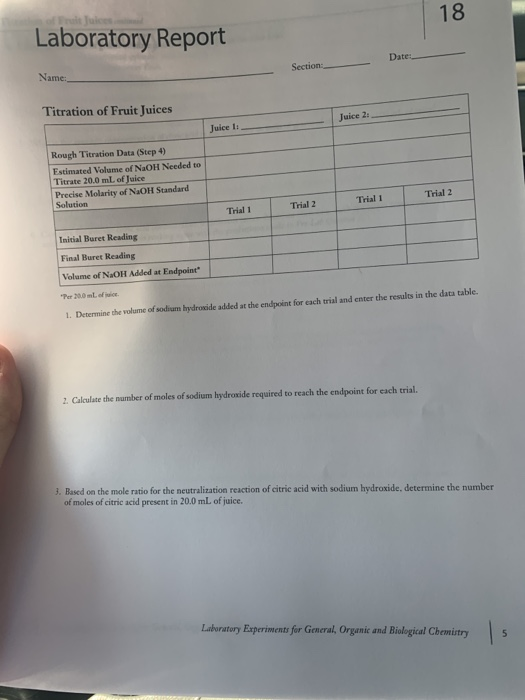 Solved Laboratory Report Date Section: Name Titration of | Chegg.com