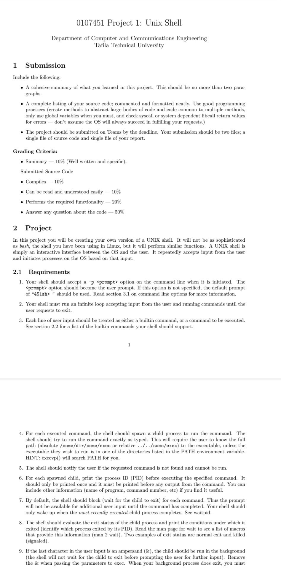 Solved 0107451 Project 1: Unix Shell Department of Computer | Chegg.com