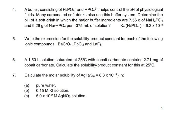 Solved 4. A buffer, consisting of H2PO4−and HPO42−, helps | Chegg.com