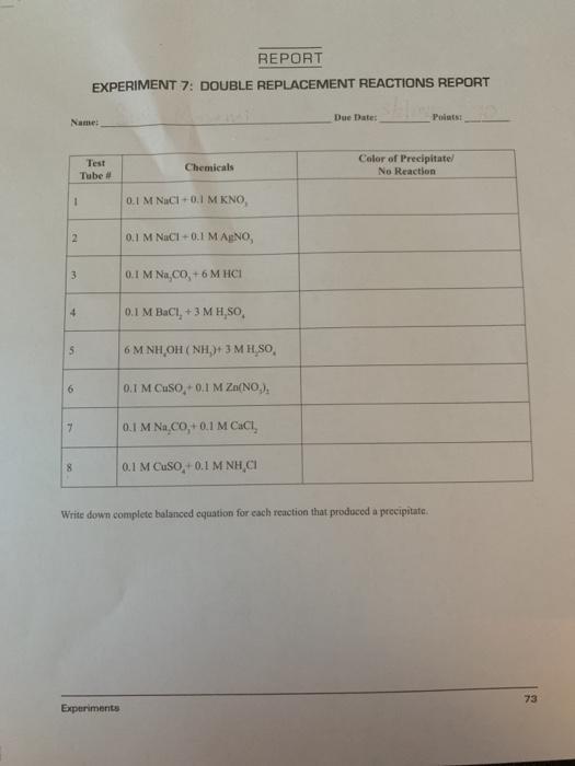 Solved REPORT EXPERIMENT 7: DOUBLE REPLACEMENT REACTIONS | Chegg.com