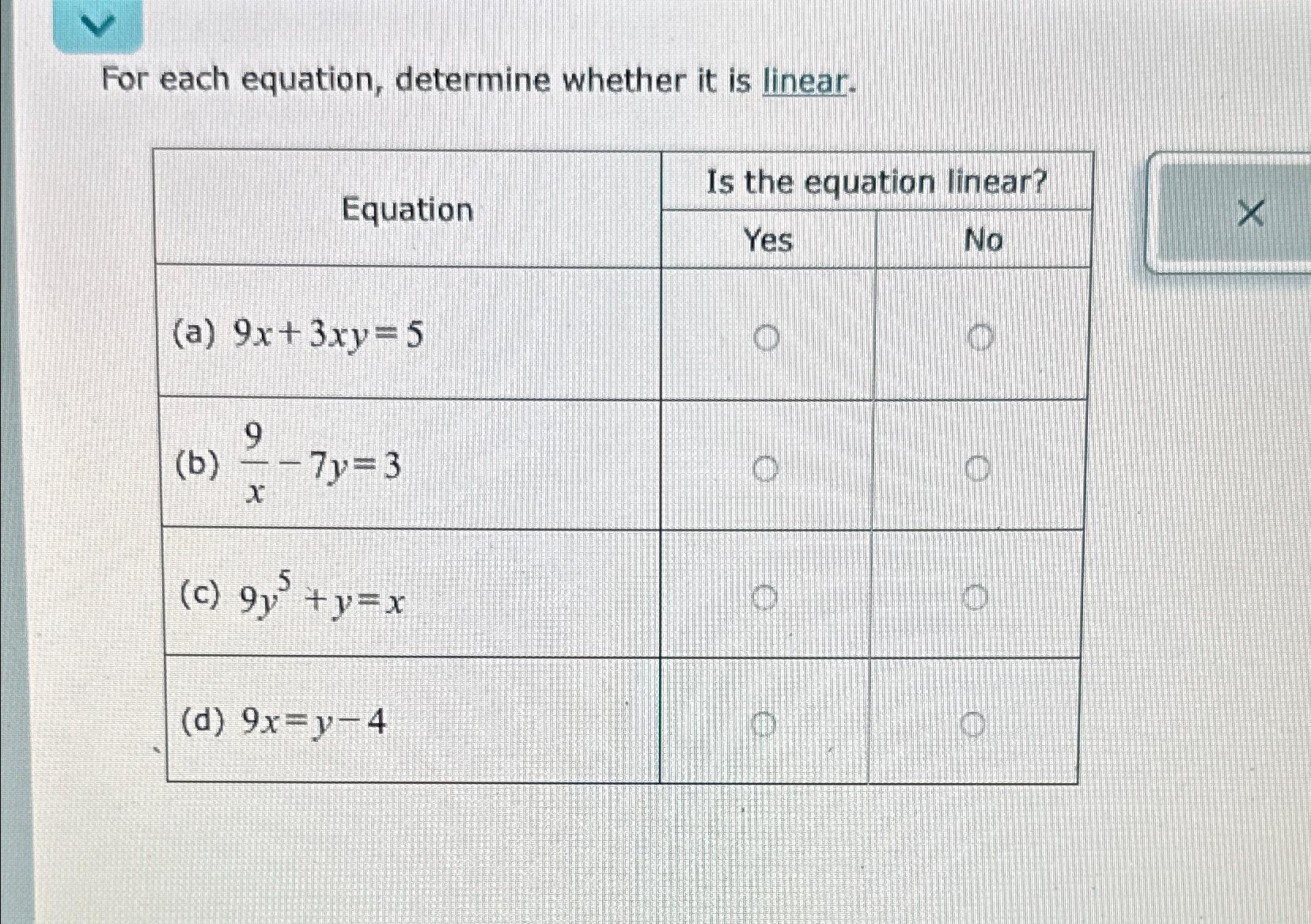 Solved For each equation, determine whether it is | Chegg.com