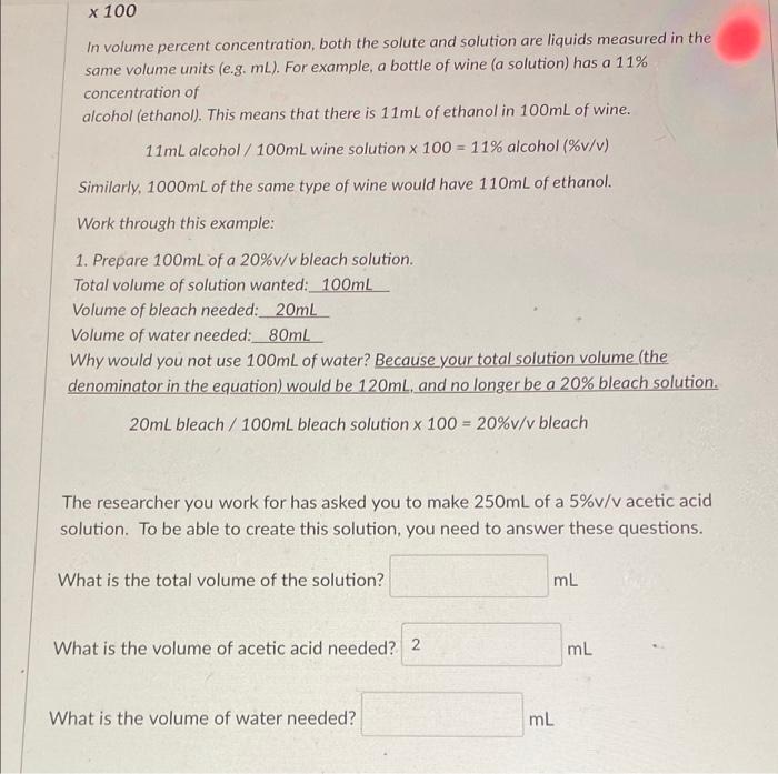 Solved x 100 In volume percent concentration, both the | Chegg.com