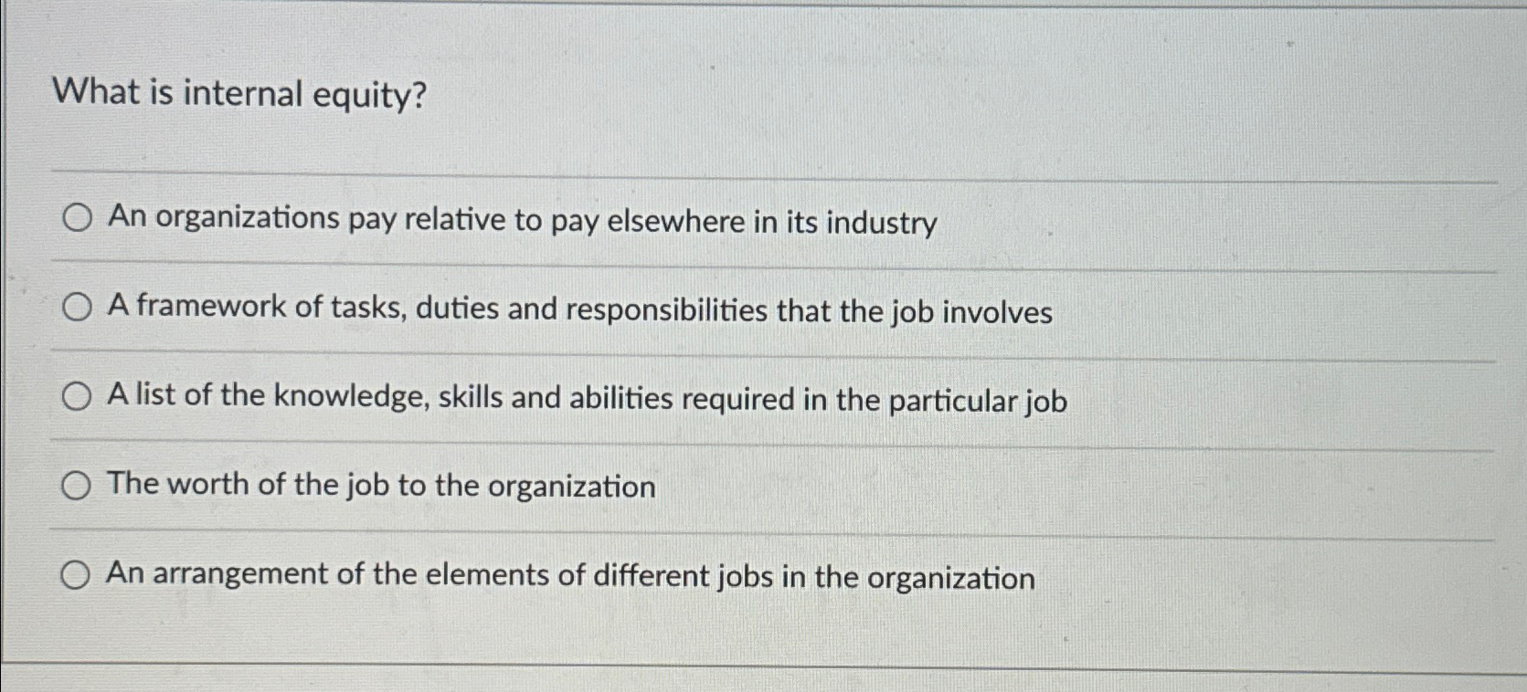 Solved What is internal equity?An organizations pay relative | Chegg.com