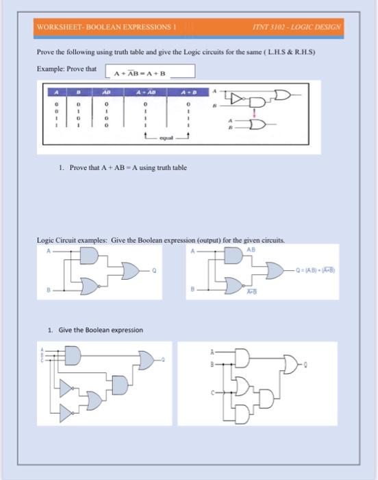 Solved WORKSHEET-BOOLEAN EXPRESSIONS I ITNT 3102 - LOGIC | Chegg.com