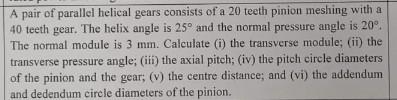 Solved A pair of parallel helical gears consists of a 20 | Chegg.com