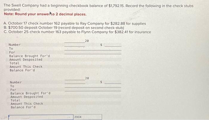 Solved The Swell Company had a beginning checkbook balance | Chegg.com