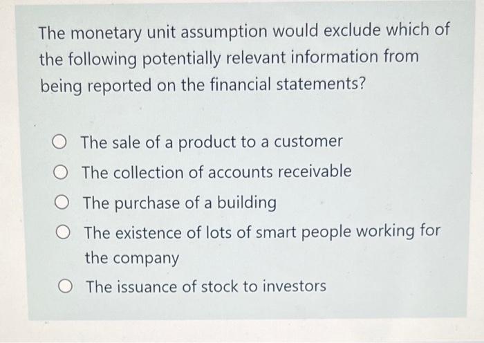 Solved he monetary unit assumption would exclude which of he | Chegg.com