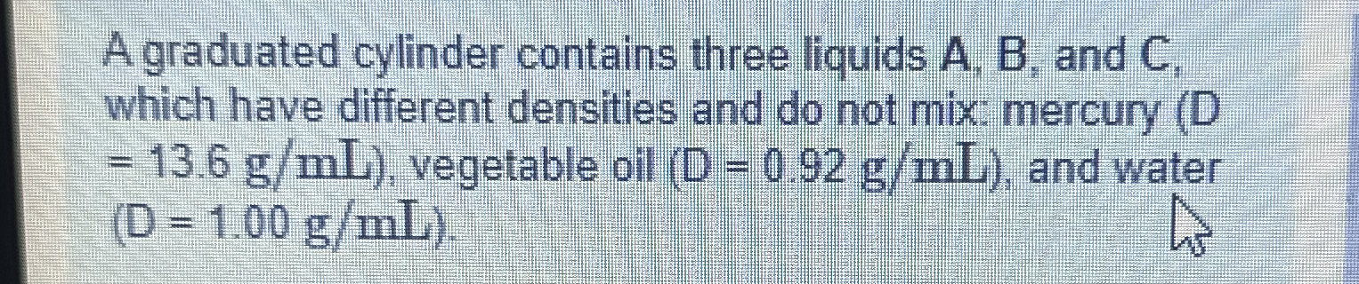 A graduated cylinder contains three liquids A, ﻿B, | Chegg.com
