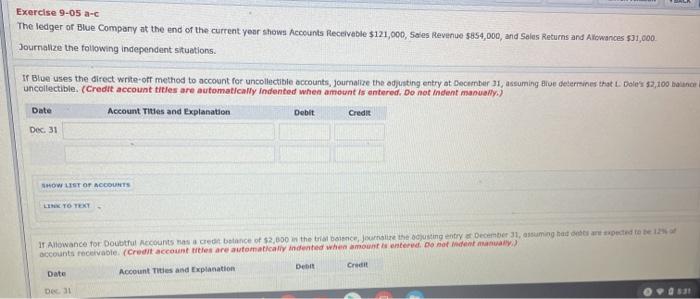 Solved Exercise 9-05 a-c The ledger of Blue Company at the | Chegg.com