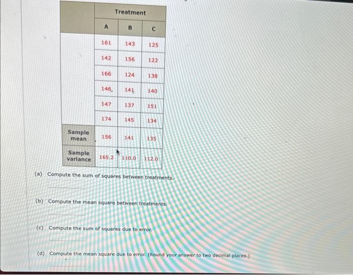 Solved a) Compute the sum of squares between treatments. b) | Chegg.com