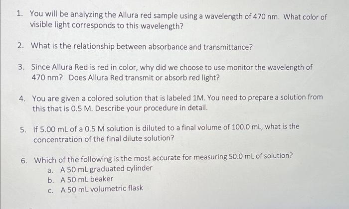 Solved 1. You will be analyzing the Allura red sample using | Chegg.com
