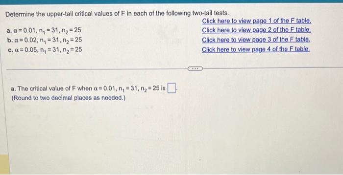 Solved Determine the upper-tail critical values of F in each | Chegg.com