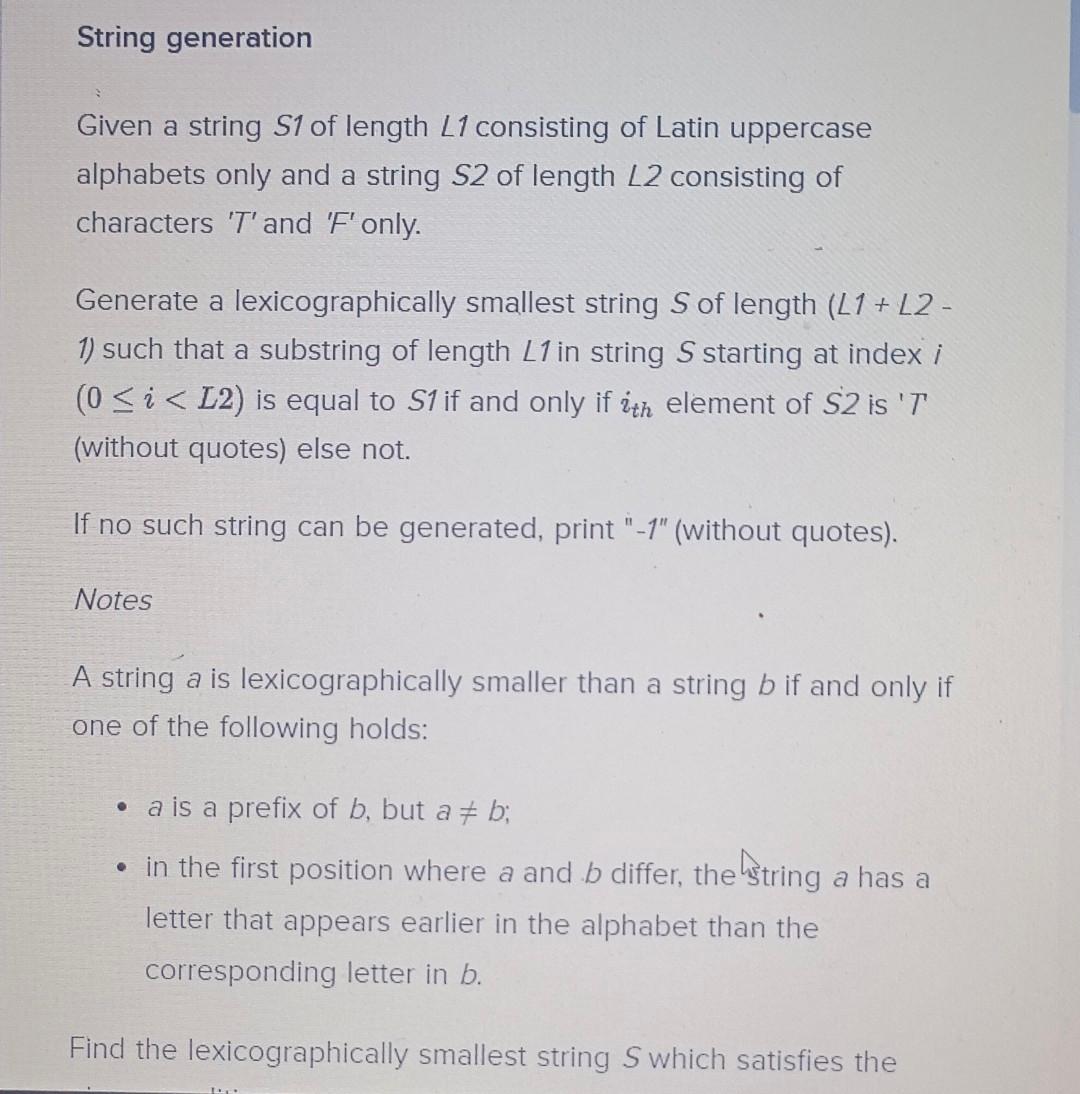 Solved String Generation Given A String S1 Of Length L1