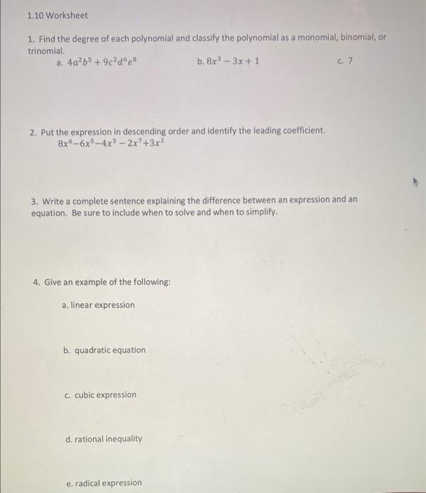 Solved 1.10 Worksheet 1. Find the degree of each polynomial | Chegg.com
