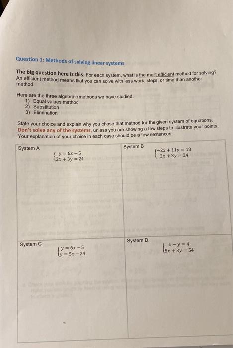 Solved Question 1: Methods of solving linear systems The big | Chegg.com