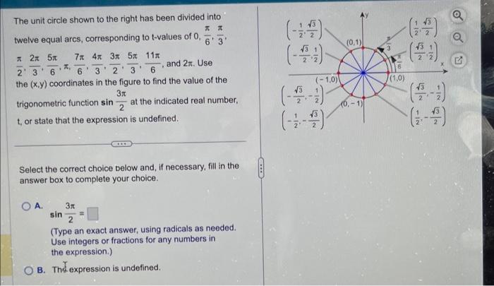 Solved The unit circle shown to the right has been divided | Chegg.com