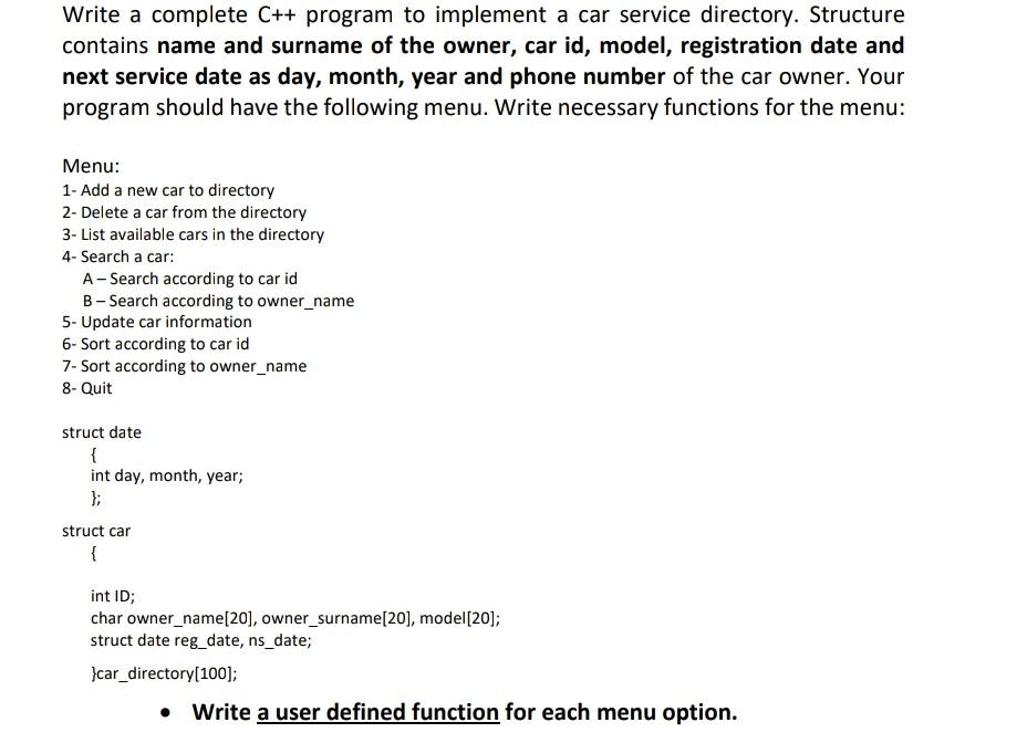 Solved Write a complete C++ program to implement a car | Chegg.com