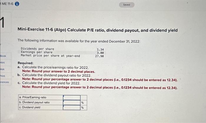 Solved Mini-Exercise 11-6 (Algo) Calculate P/E ratio, | Chegg.com Solved Mini-Exercise 11-6 (Algo) Calculate P/E ratio, | Chegg.com