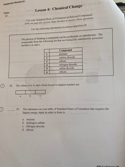 Solved Assignment Booklet D1 Lesson 4: Chemical Change Value | Chegg.com