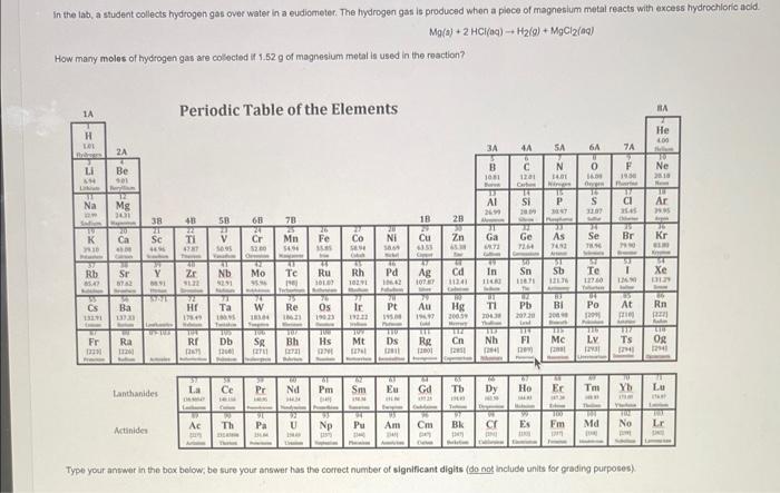 Solved In the lab, a student collects hydrogen gas over | Chegg.com