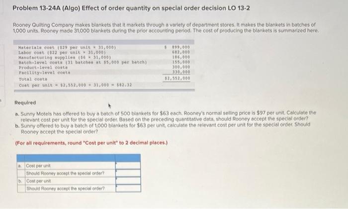 Solved Problem 13-24A (Algo) Effect of order quantity on | Chegg.com