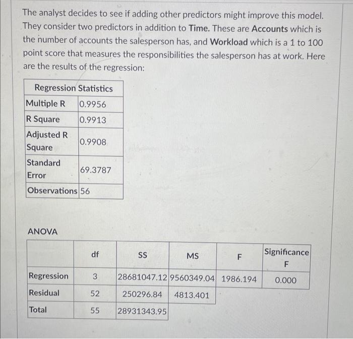 Solved The analyst decides to see if adding other predictors | Chegg.com