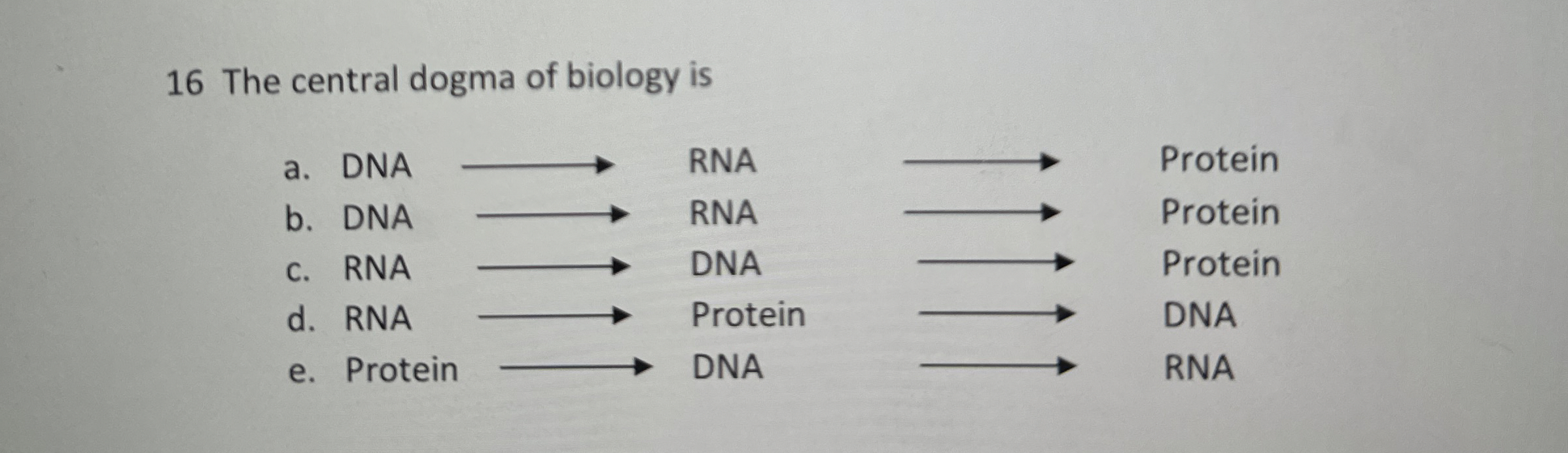 Solved 16 ﻿The central dogma of biology isa. ﻿DNA | Chegg.com