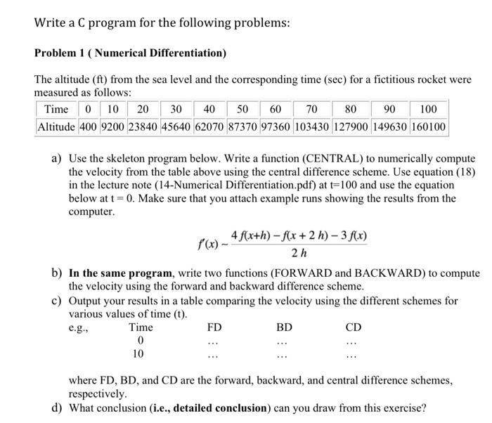 Solved Write a C program for the following problems: Problem | Chegg.com