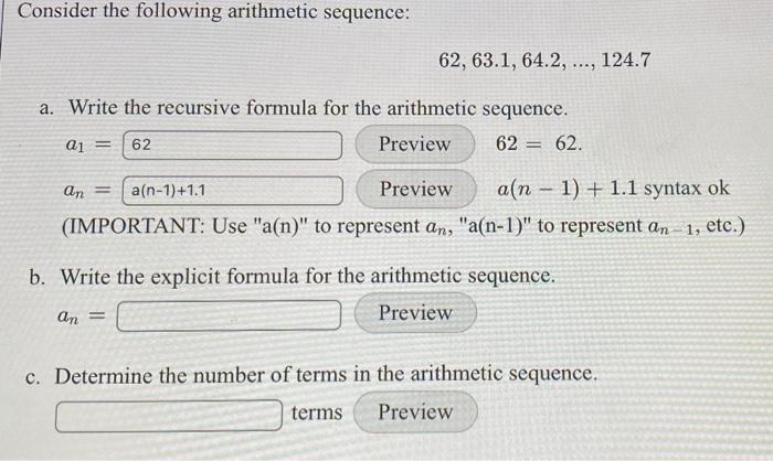 Solved Consider the following arithmetic sequence: 62, 63.1, | Chegg.com