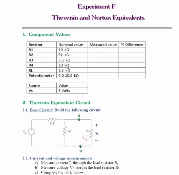 Solved Experiment F Thevenin and Norton Equivalents 1. | Chegg.com