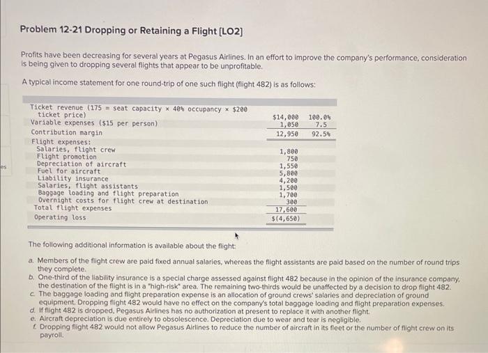 Solved Problem 12-21 Dropping or Retaining a Flight [LO2] | Chegg.com