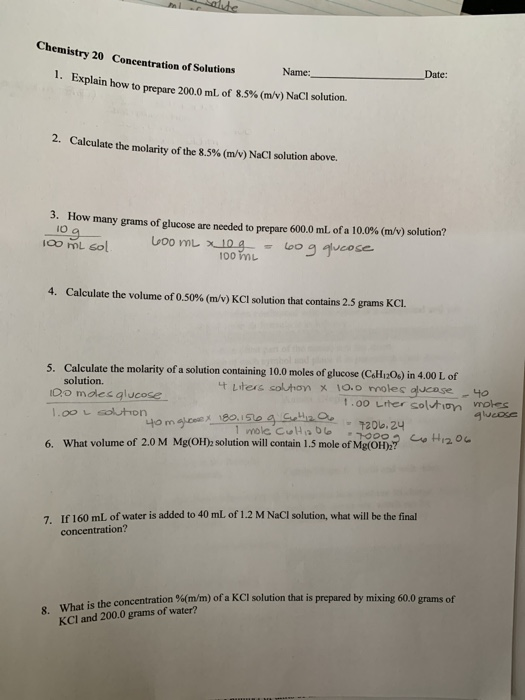 Solved Chemistry 20 Concentration of Solutions Name: 1. | Chegg.com