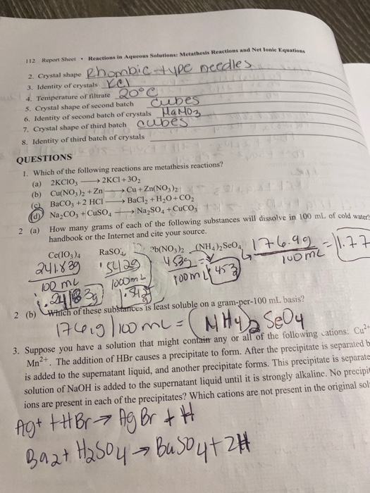 Solved 112 Report Sheet - Reactions in Aqueous solutions: | Chegg.com