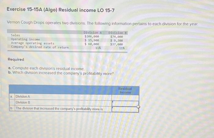 Solved Exercise 15 15a Algo Residual Income Lo 15 7 Vernon 