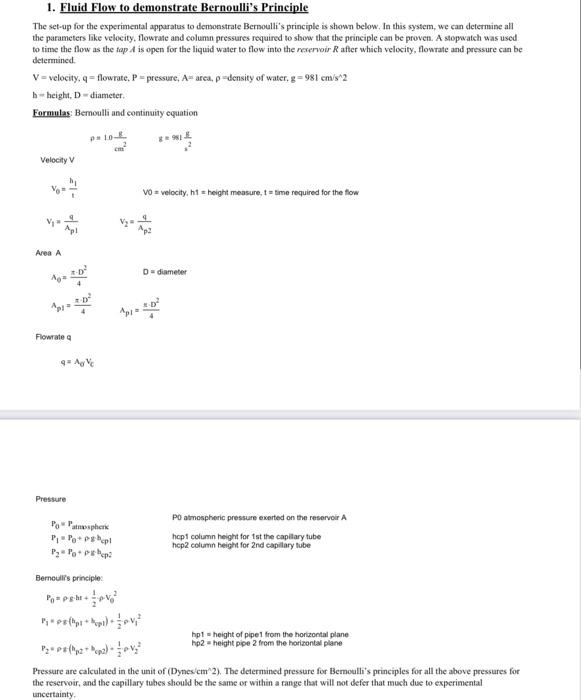 Solved 1. Fluid Flow to demonstrate Bernoulli's Principle | Chegg.com