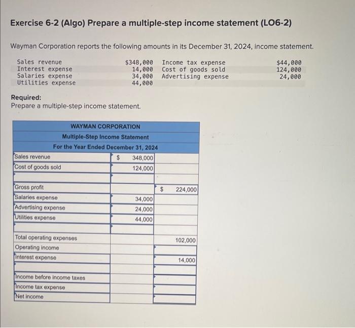 Solved Exercise 6-2 (Algo) Prepare a multiple-step income | Chegg.com