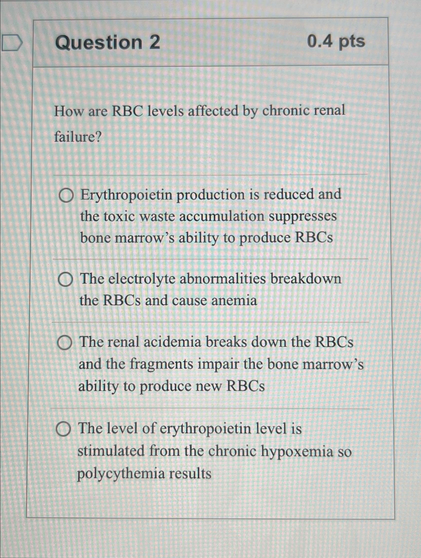 Solved Question 20.4ptsHow are RBC levels affected by | Chegg.com