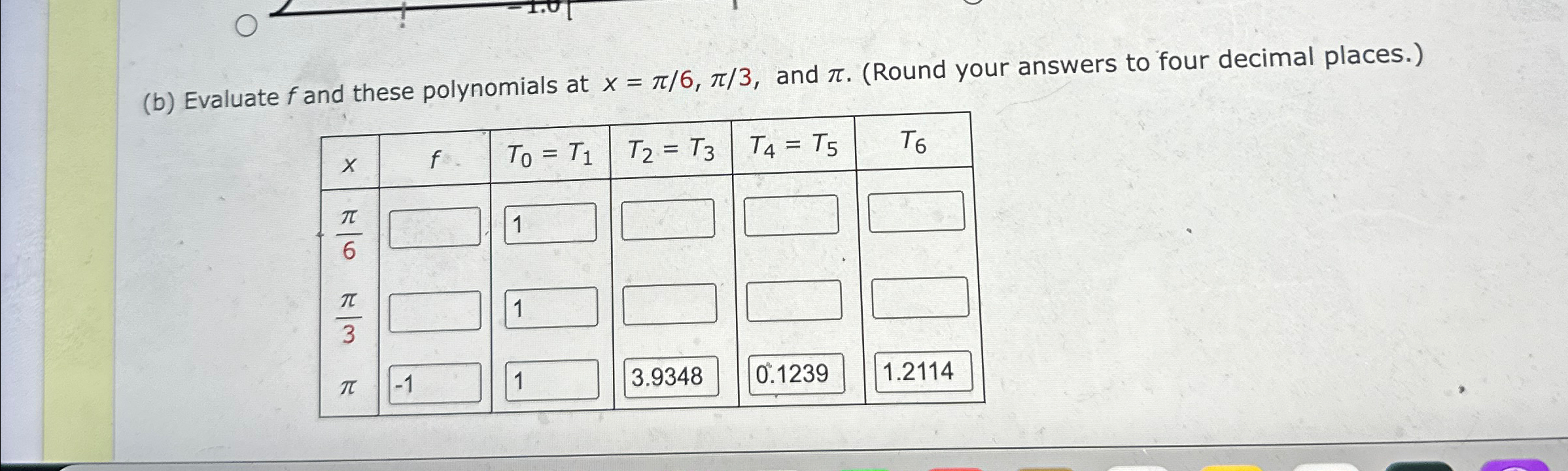 (b) ﻿Evaluate f ﻿and these polynomials at x=π6,π3, | Chegg.com
