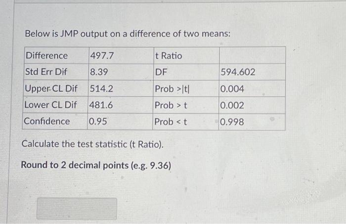 Solved Below is JMP output on a difference of two means: | Chegg.com