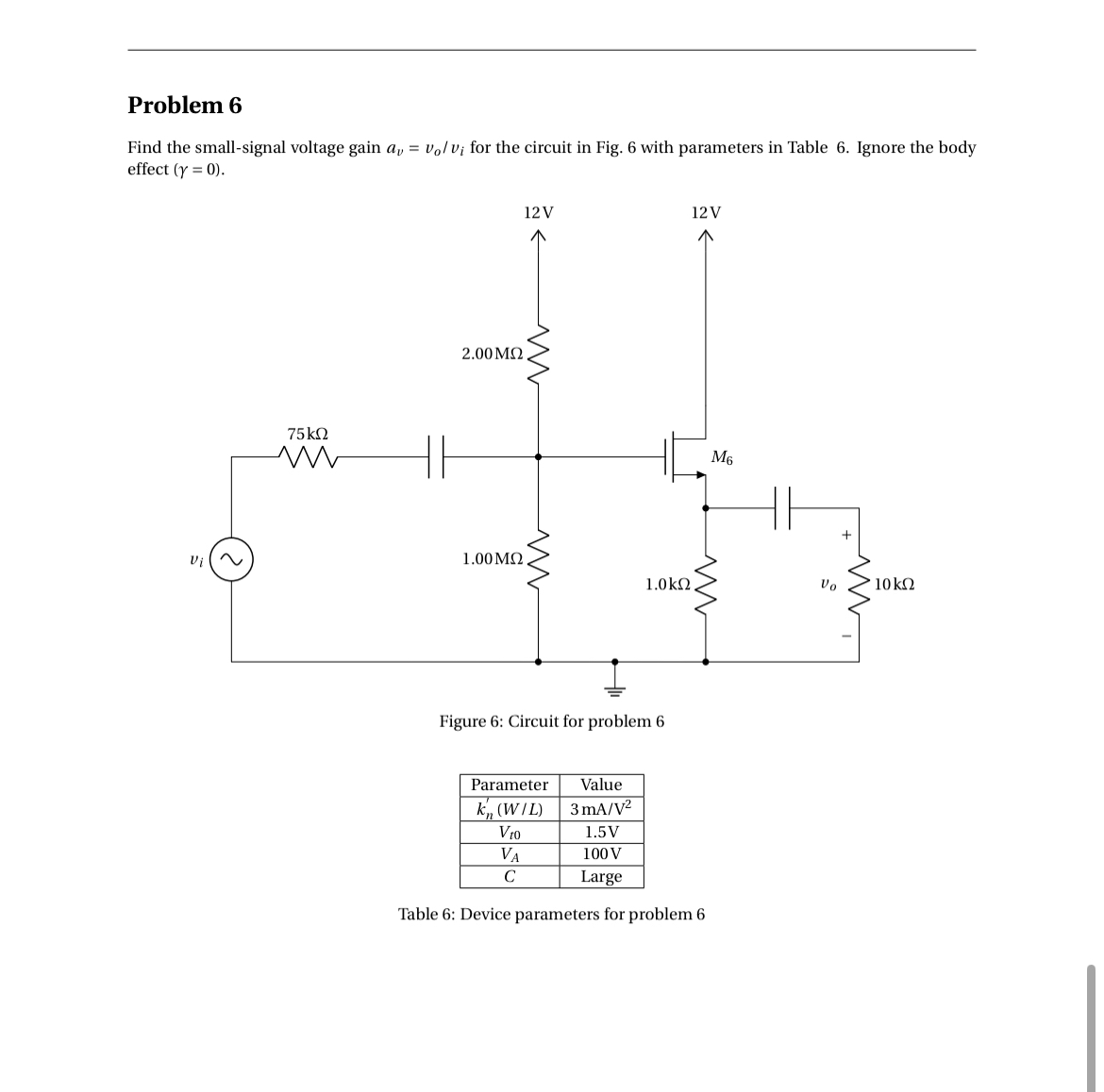 Solved Problem 6Find the small-signal voltage gain av=vovi | Chegg.com