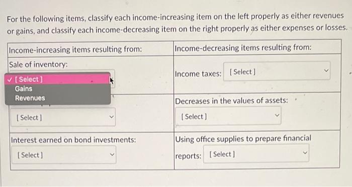 For the following items, classify each | Chegg.com