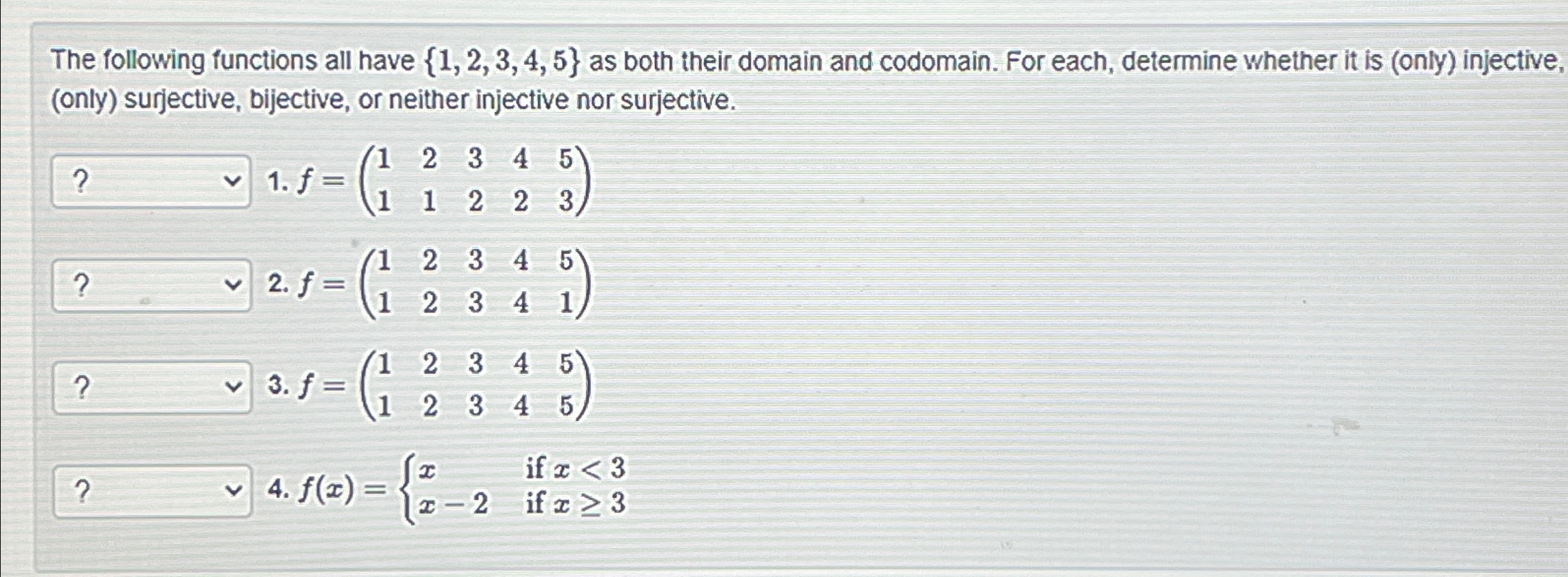 Solved The following functions all have {1,2,3,4,5} ﻿as both | Chegg.com