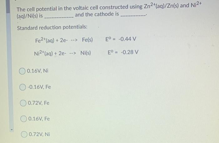 Solved The cell potential in the voltaic cell constructed | Chegg.com